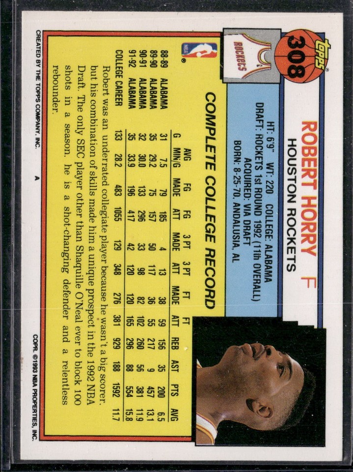 Robert Horry Rookie 1992-93 Topps #308 Houston Rockets RC 2 | eBay