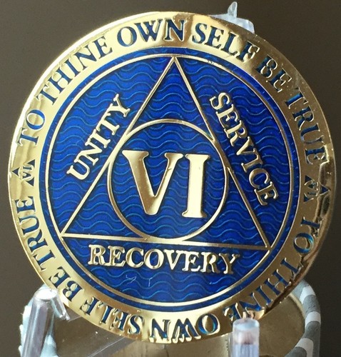 6 Year AA Medallion Blue Gold Plated Alcoholics Anonymous Sobriety Chip ...