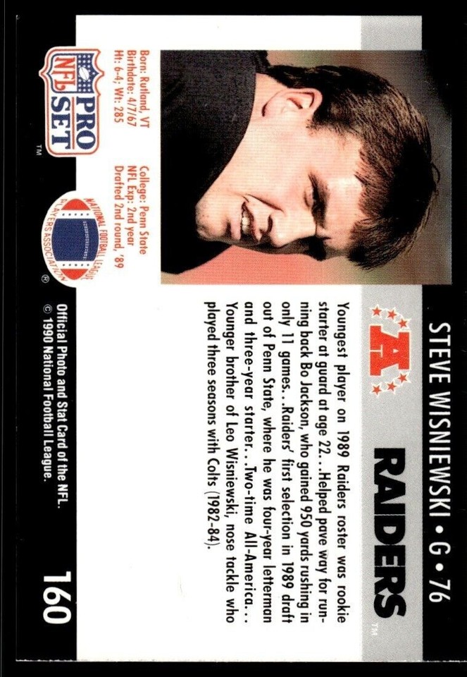 1990 Pro Set Steve Wisniewski Los Angeles Raiders #160 | eBay