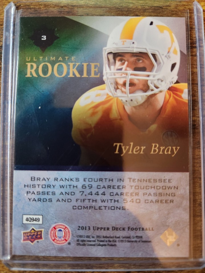 2013 Upper Deck Tyler Bray Ultimate Rookie RC 206/525 #3 Tennessee ...