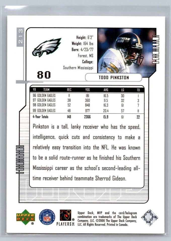 2000 UPPER DECK MVP SILVER SCRIPT CARD # 213 Todd Pinkston ...