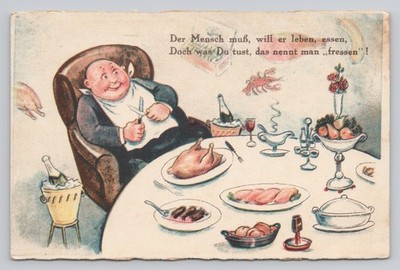 Fat Man at Dinner Table Large Feast Gluttony German Humor Comic ...