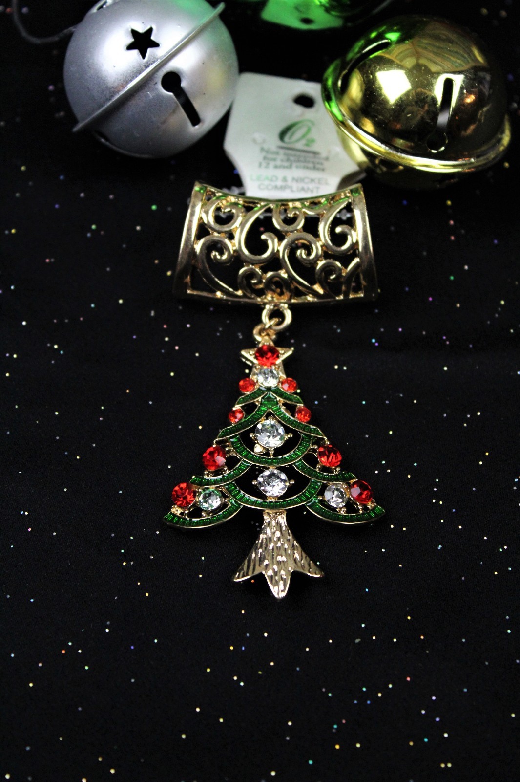 Christmas Tree or Jingle Bell Scarf Ring Gold and Colorful Crystal ...