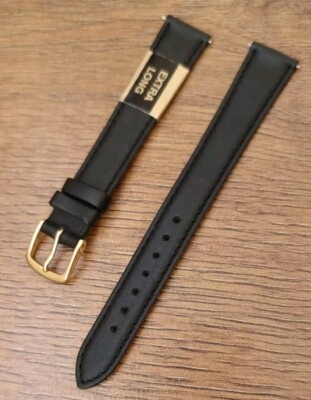 16mm VINTAGE APOLLO GENUINE CALF LEATHER LONG BLACK WATCH STRAP GOLD ...
