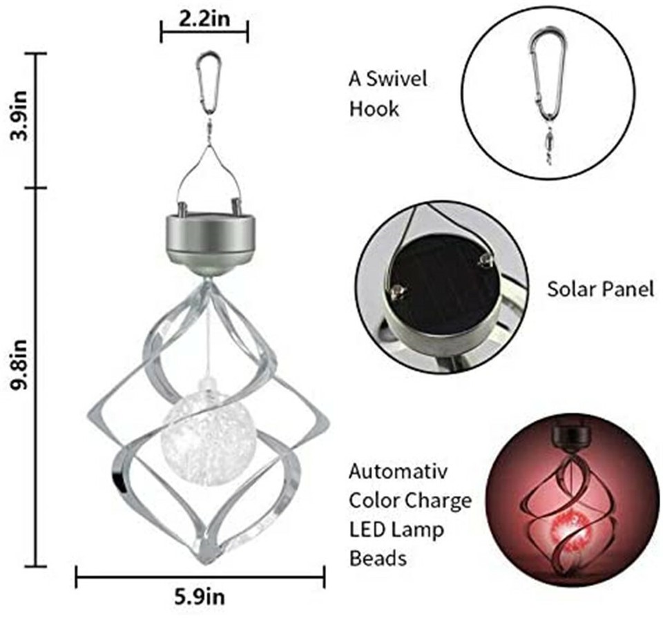 Solar Powered LED Wind Chimes Light Color Changing Hanging Spiral ...