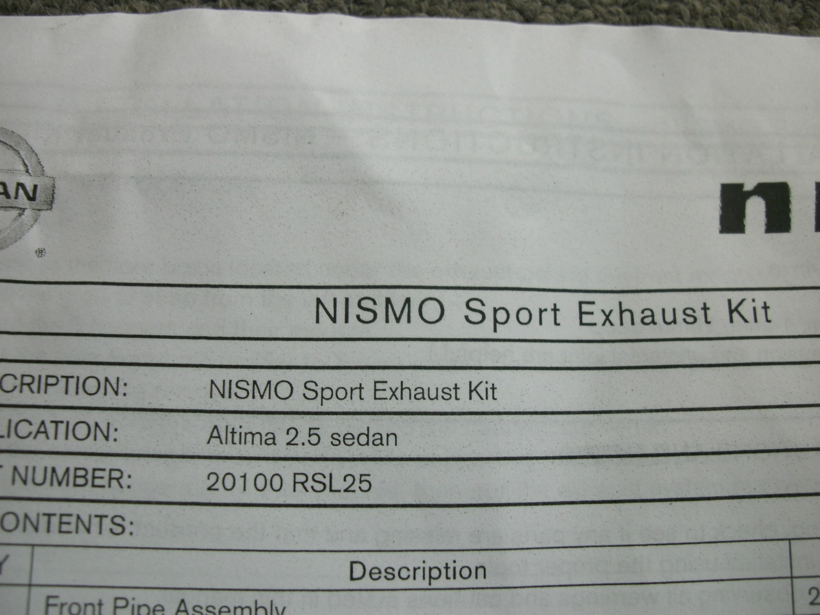 20690-RSL20 Gasket & Hardware Kit for Nissan Altima 2.5L Nismo Sport ...