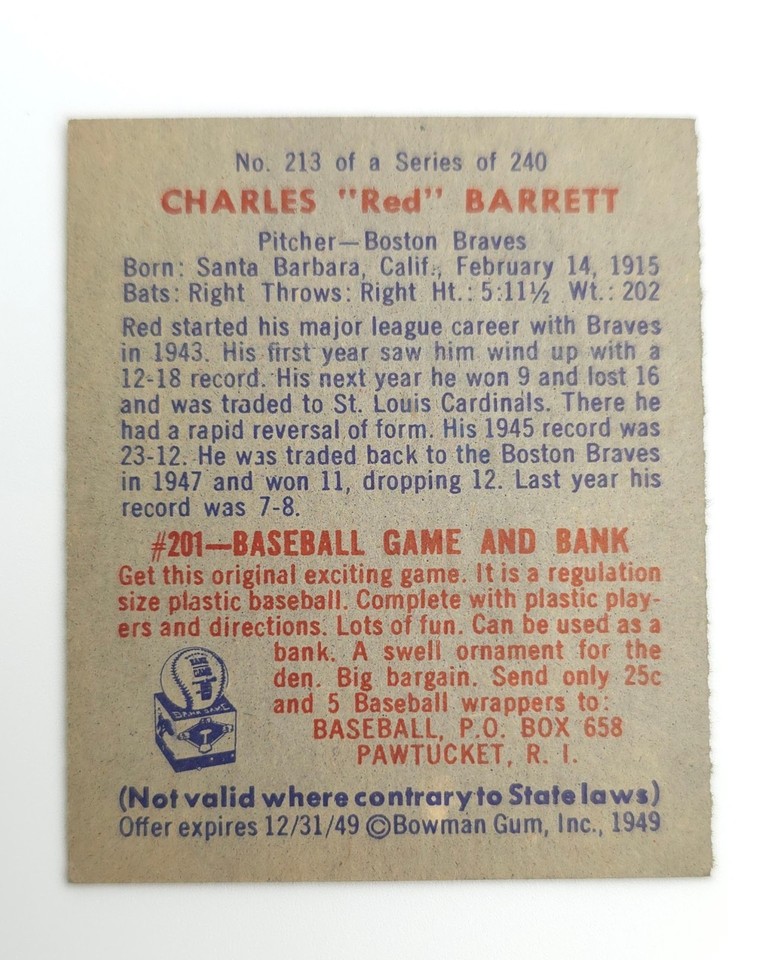 1949 Bowman Baseball - Charles Red Barrett - Rookie Card - Ungraded ...