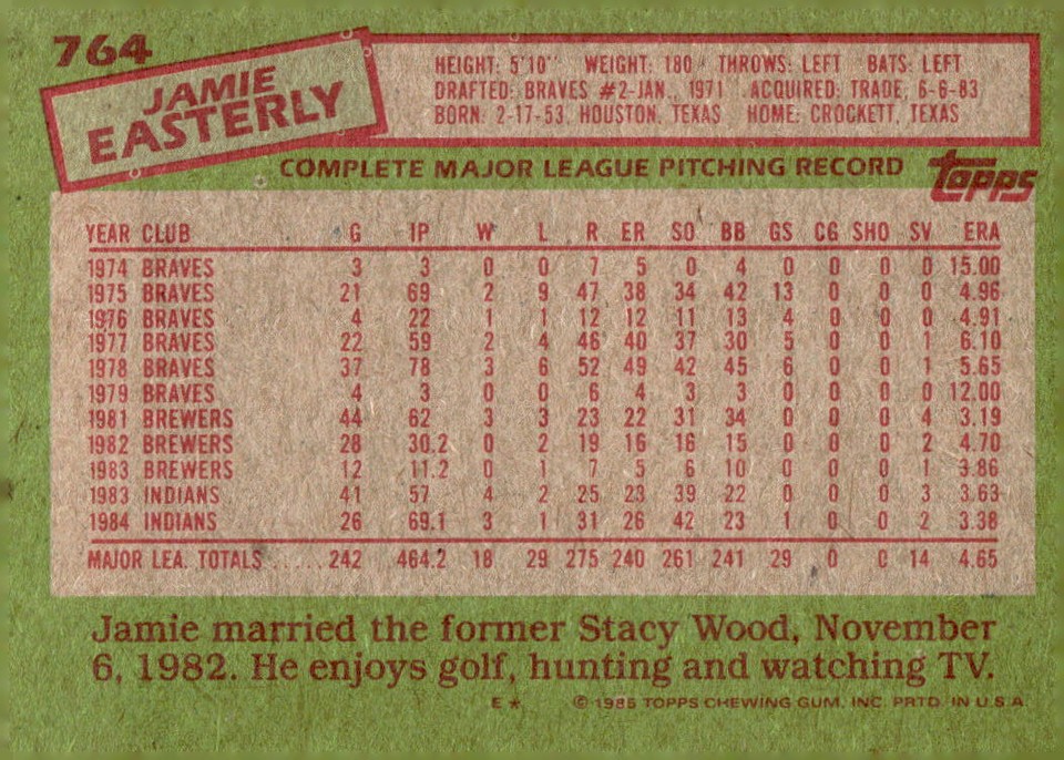 1985 Topps #764 Jamie Easterly - Cleveland Indians | eBay
