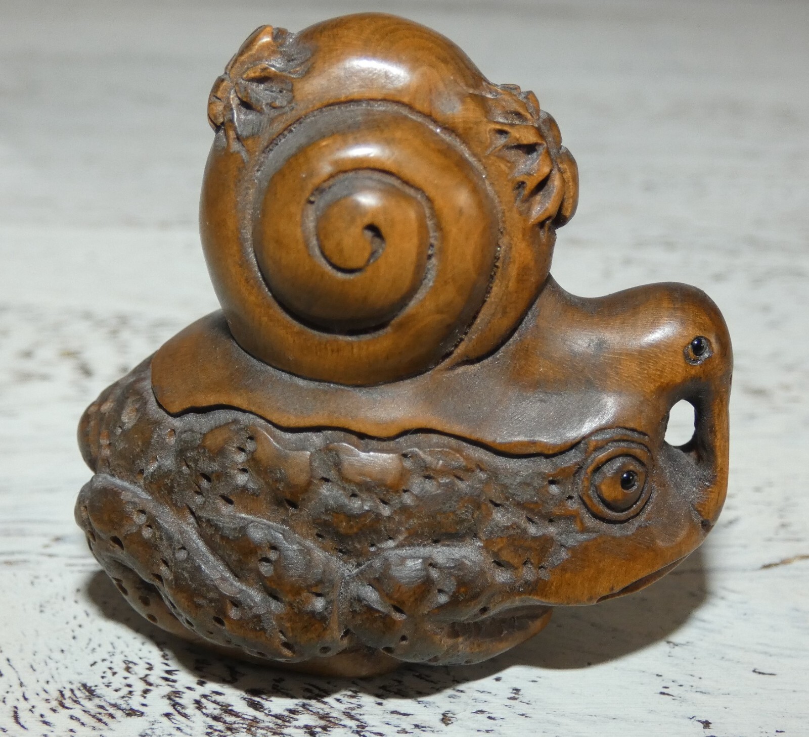 Japanese Netsuke Frog/toad with snail and mites signed boxwood | eBay UK