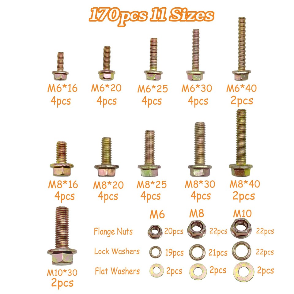 170pcs Metric Flange Bolt Assortment, Hex Bolts and Nuts Kit, M6 M8 M10 ...