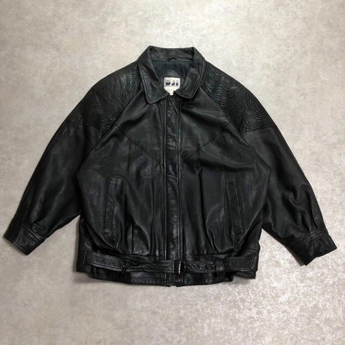 Vintage DJI Leather Bomber Jacket L/XL Black 90s Power Shoulder ...
