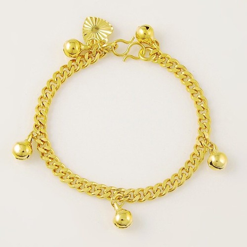 24K Gold Plated 3MM Classic Chain Bell Pendant Bracelet For Women ...