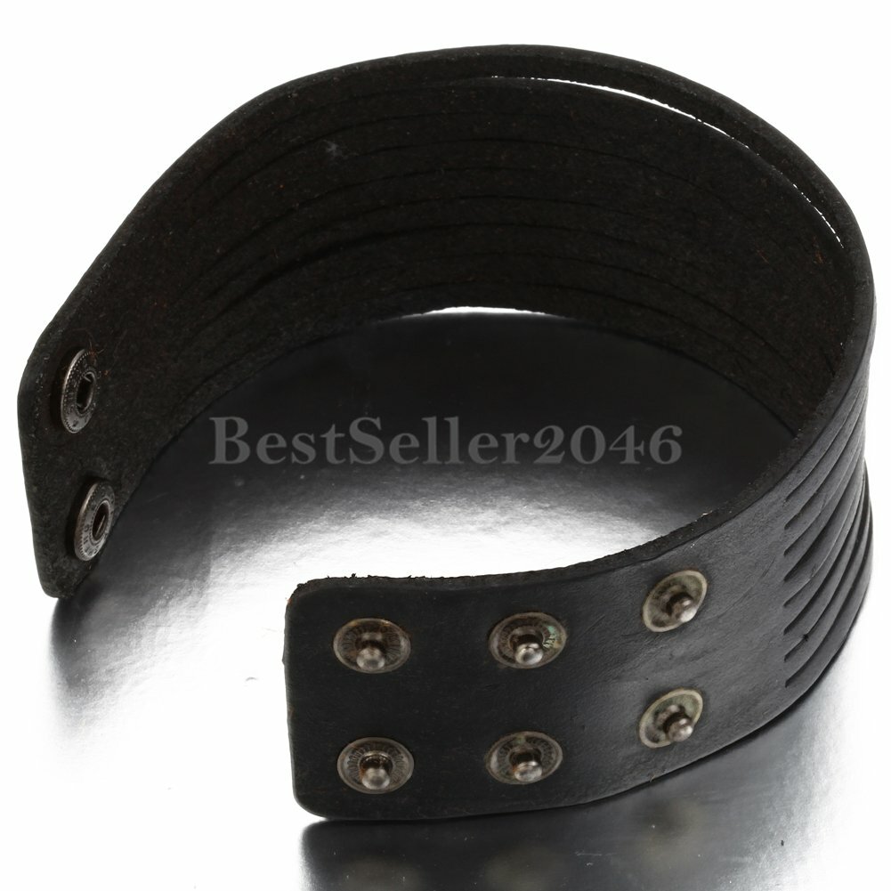3PCS Punk Rock Wide Strap Spike Studded Biker Leather Cuff Bracelet ...