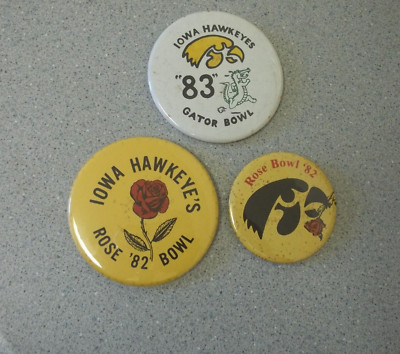 IOWA HAWKEYES 1983 Gator Bowl and 1982 Iowa Hawkeyes Rose Bowl pinbacks ...