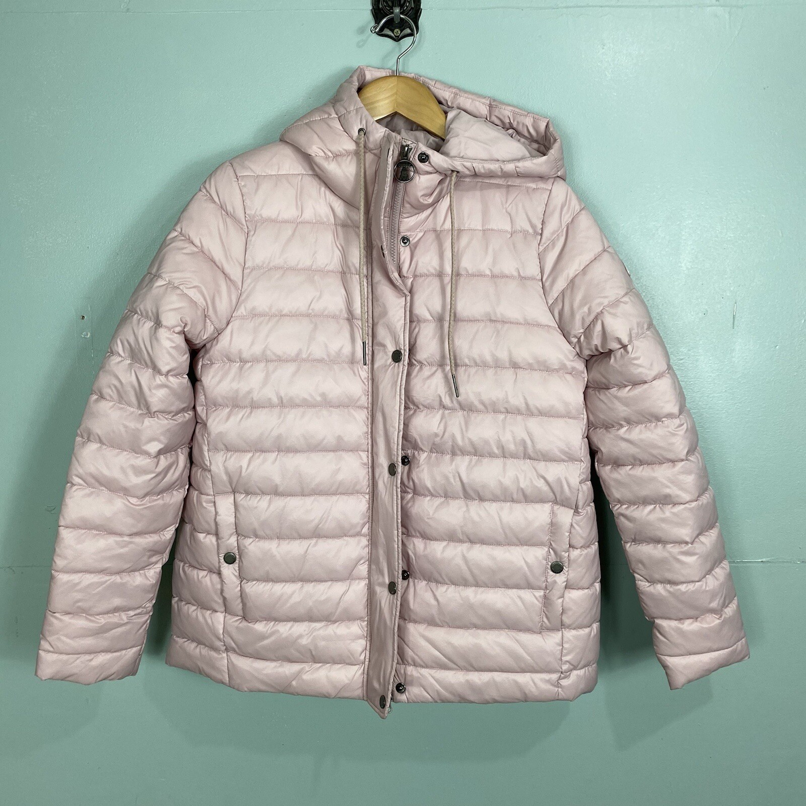 Barbour Seaholly Quilted Puffer Jacket Sz 10 Pink Hoo… - Gem