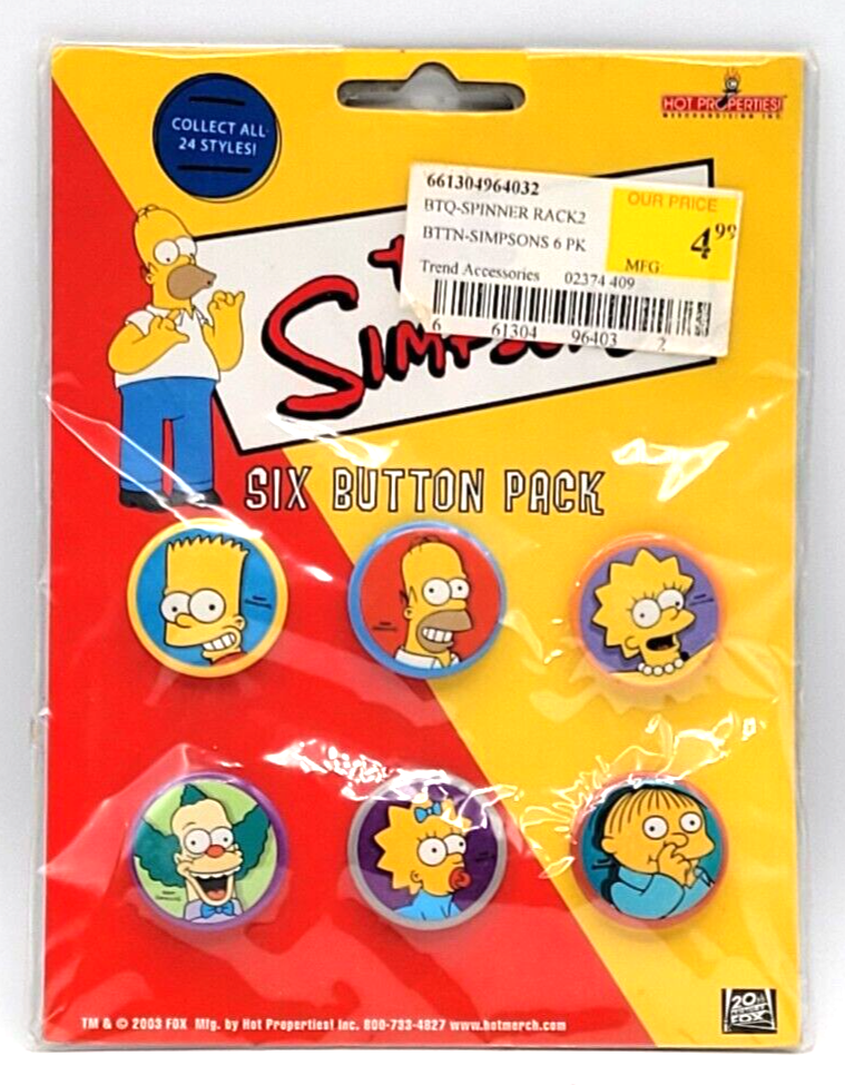 THE SIMPSONS 6 BUTTON PACK FACTORY SEALED CRUSTY THE CLOWN BART HOMER ...