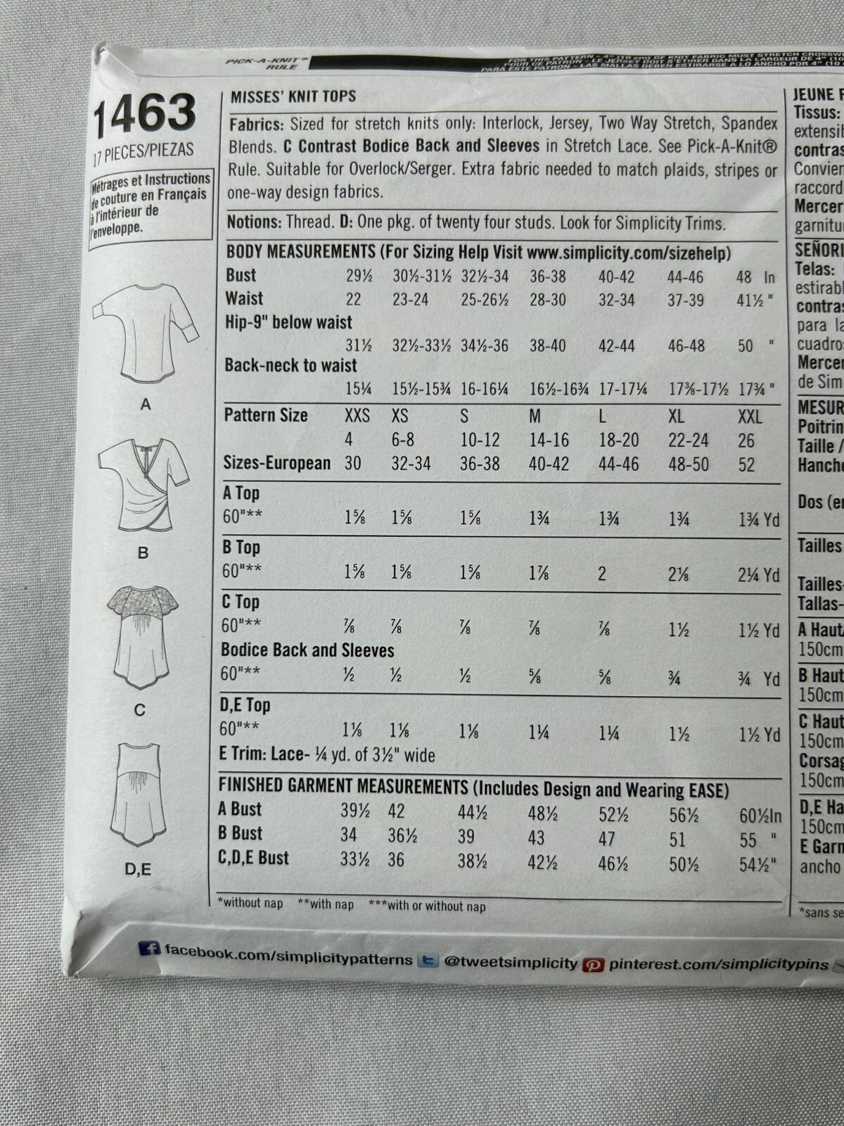 Knit Tops Misses Size Xxs-xxl Sewing Pattern Simplicity 1463 for sale ...