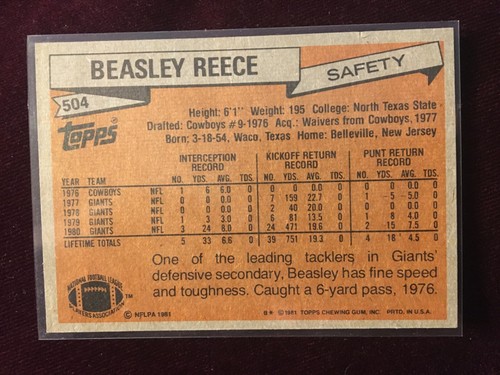 1981 Topps #504 Giants Beasley Reece Football Card | eBay