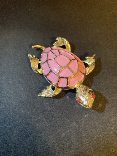 Vintage Gold Color Turtle Brooch With Pink Enamel Shell And Red Eyes | eBay