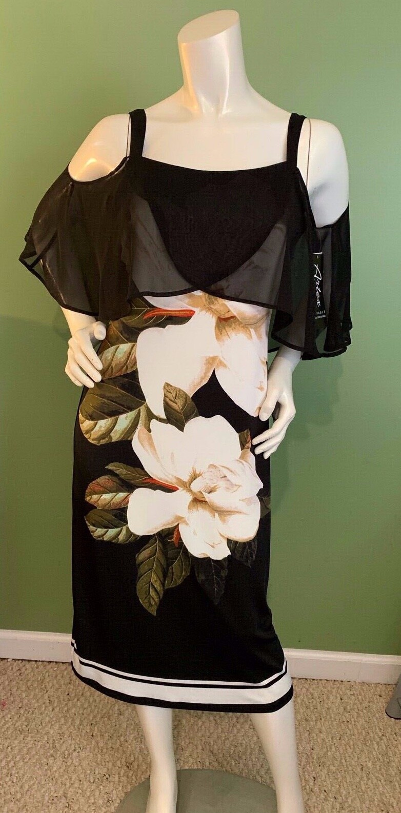 ARTEX FASHIONS BLACK FLORAL DRESS w/SHEER OVERLAY & CUT-OUT SHOULDERS ...