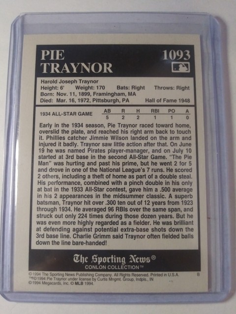 1994 The Sporting News Conlon Collection - #1093 Pie Traynor for sale ...