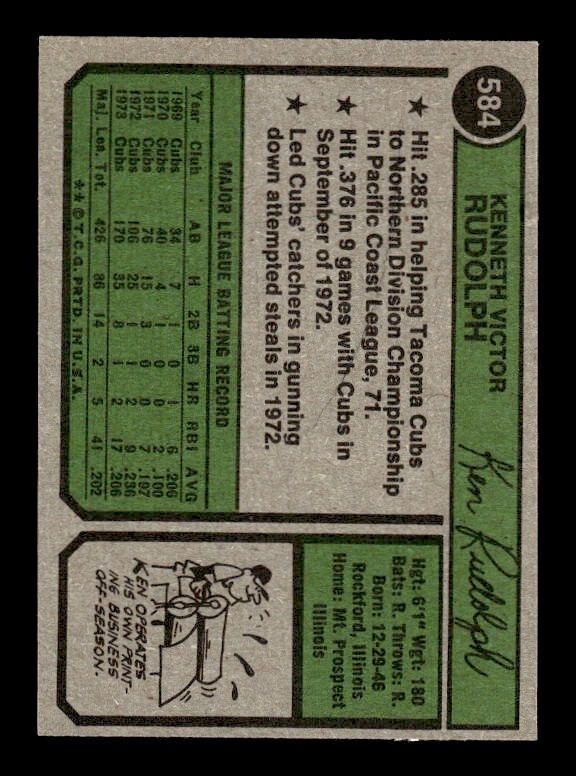 KEN RUDOLPH SIGNED 1974 TOPPS #584 - ON-CARD AUTOGRAPH -CHICAGO CUBS | eBay