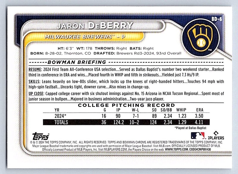 JARON DeBERRY BREWERS RC 1st card 2024 BOWMAN DRAFT #BD-6 | eBay