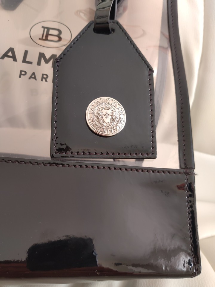 BALMAIN Transparent Print Logo Small Tote PVC Clear Black Leather ...