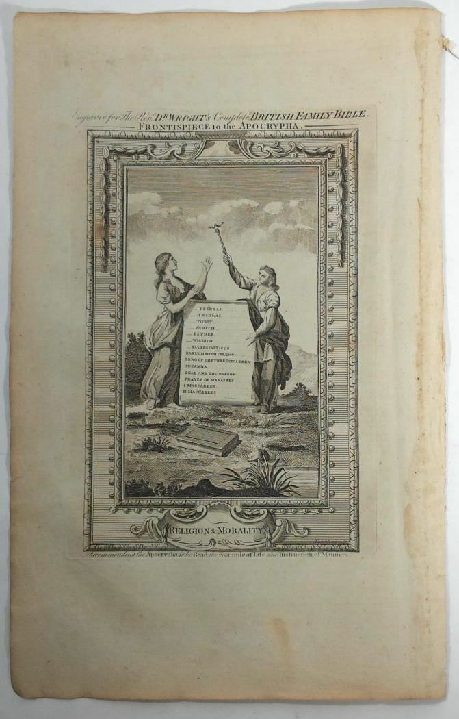 c1790 9x15 BIBLE LEAF Copper Plate Engraving Apocrypha Frontispiece ...