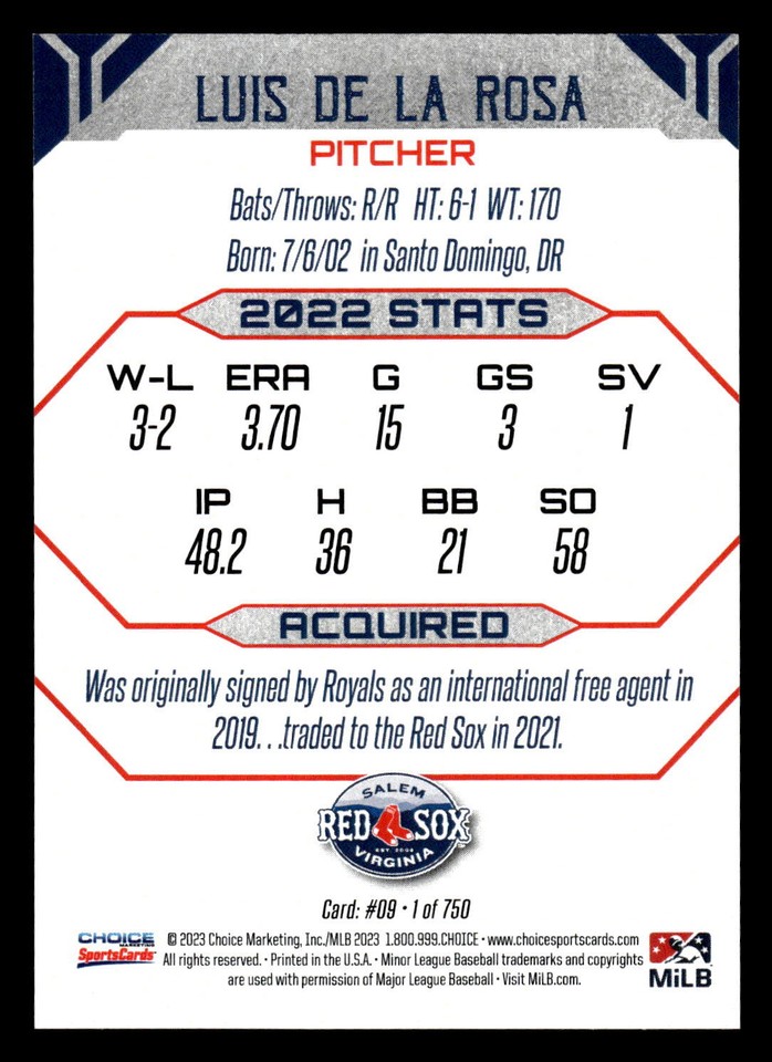Luis De La Rosa 2023 Choice Salem Red Sox #09 Salem Red Sox | eBay
