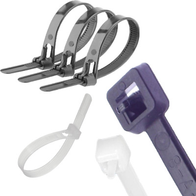 Releasable/Reusable Cable Ties Black Natural Nylon Plastic Zip Tie Wrap ...