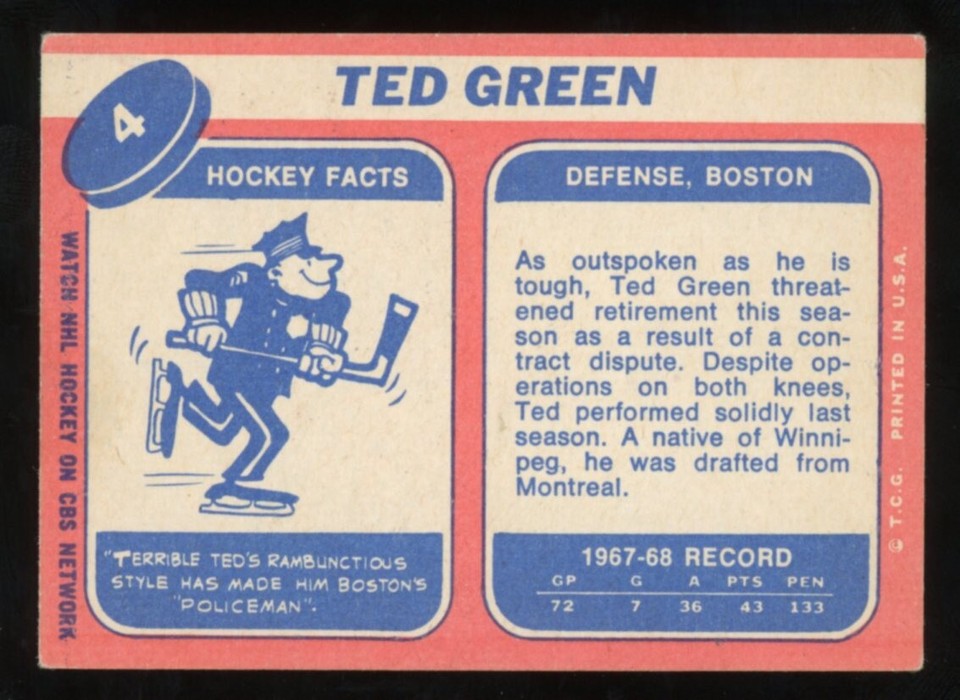 1968-69 TOPPS NHL HOCKEY #4 Ted Green EX-NM Boston Bruins Card | eBay