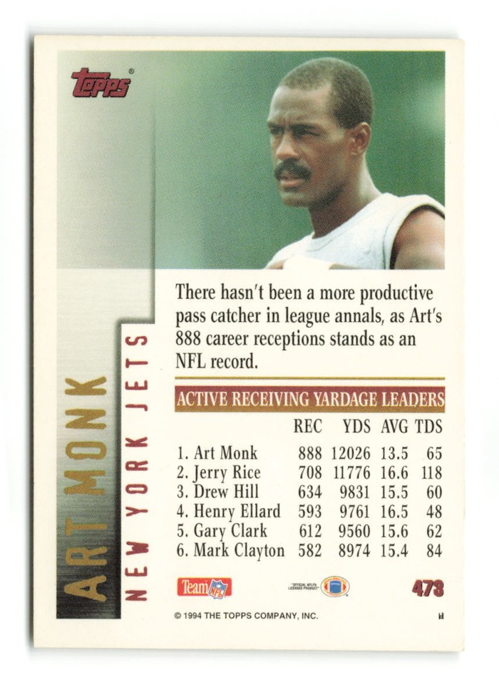 1994 Topps Art Monk #473 Career Active Leaders New York Jets Football ...