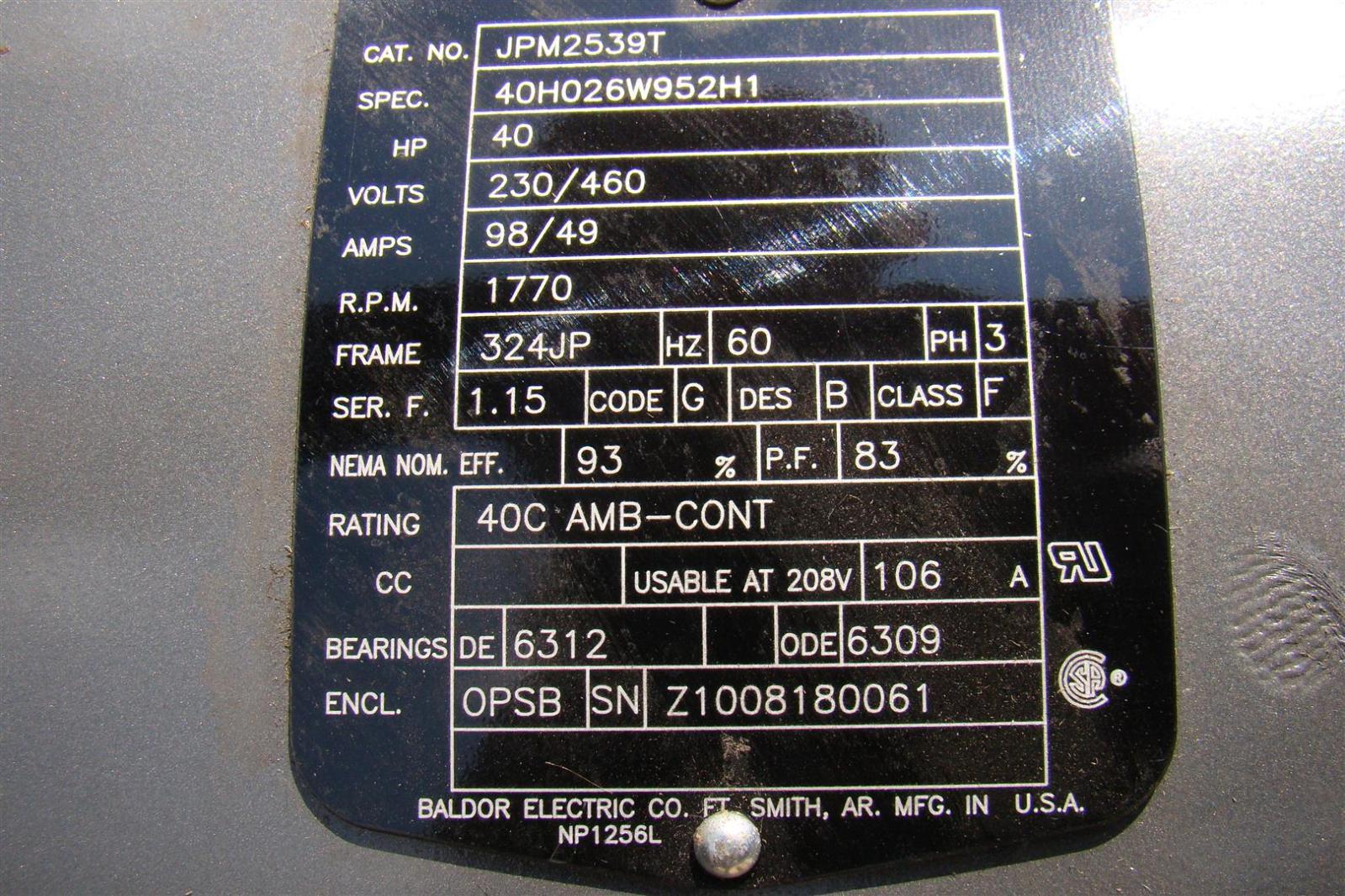 Baldor Reliancer Industrial Motor 40HP 230/460V 98/49Amps 1770RPM ...