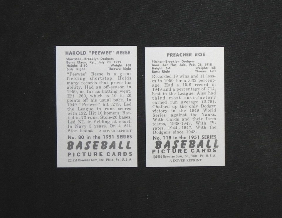 Pee Wee Reese and Preacher Roe Dover Reprints of 1951 Bowman _ Exact ...