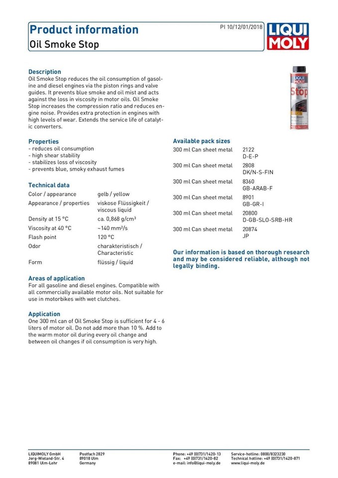 Liqui Moly Engine Oil Smoke Stop Petrol Diesel 300ml Engine Treatment ...
