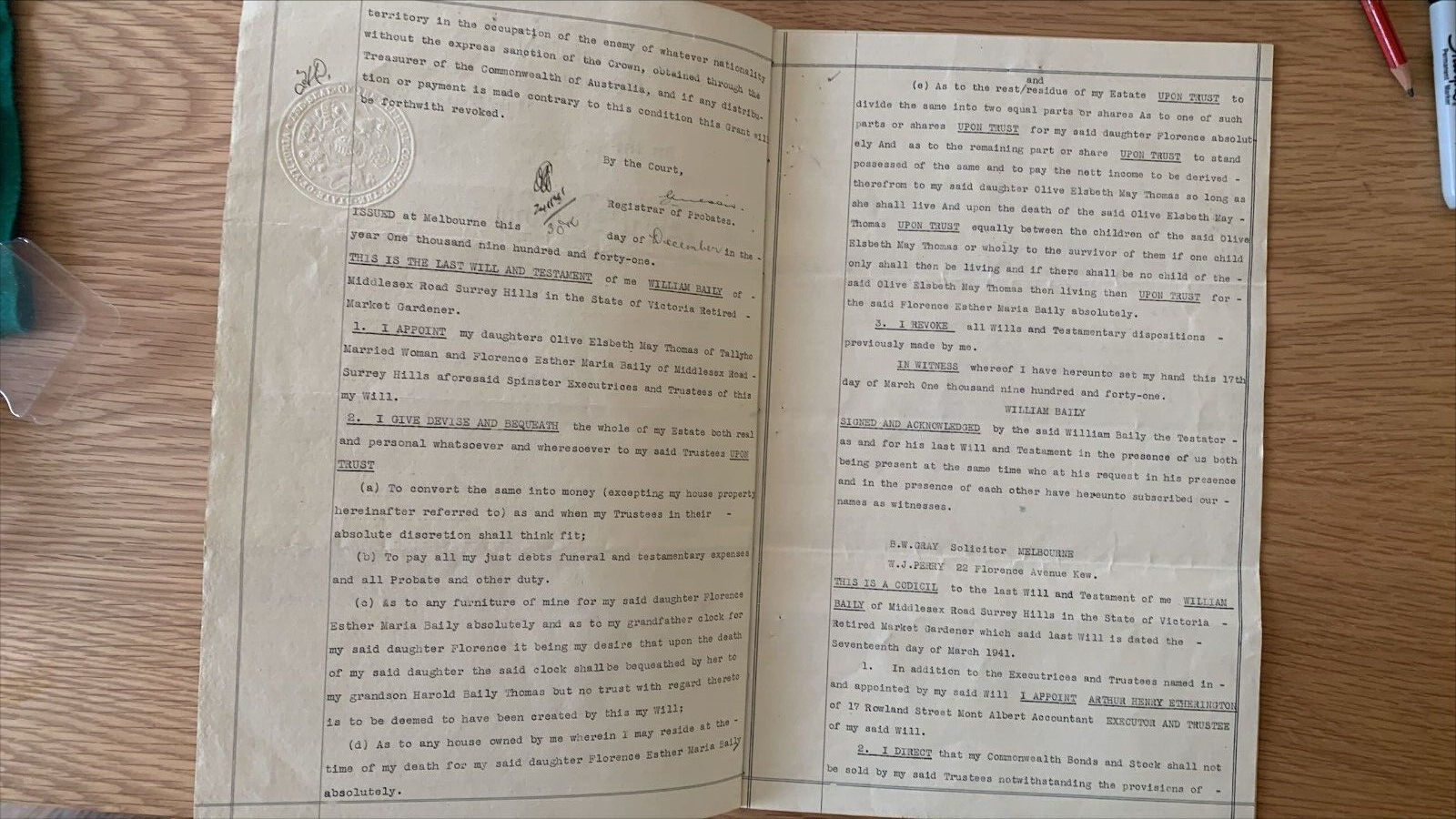 Supreme Court of Victoria Probate document funeral death Surrey Hills ...