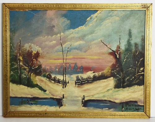 15" Antique Oil Painting Cardboard Signed Preston Moore Winter ...