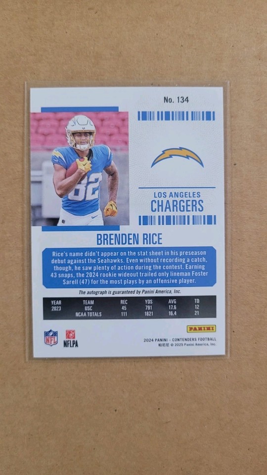Brenden Rice 2024 Panini Contenders Rookie Ticket RPS Signed On-Card ...
