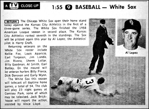 1959 Chicago White Sox vs Kansas City MLB Baseball TV article Al Lopez ...