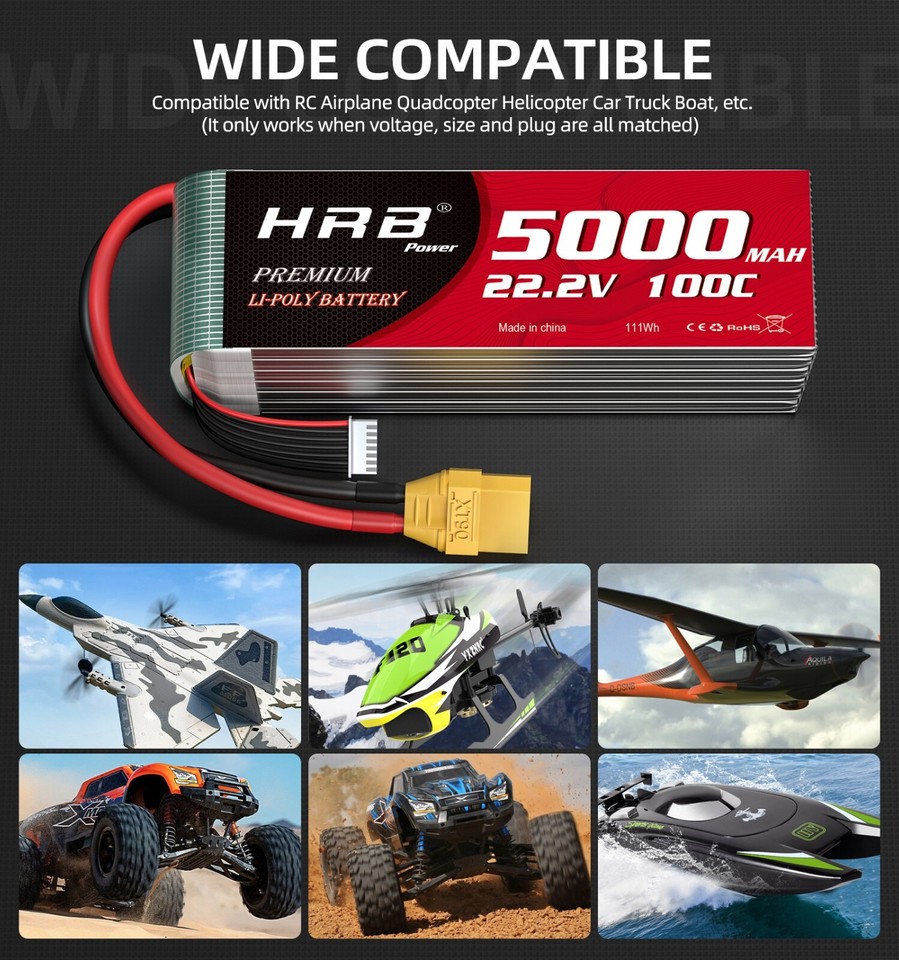HRB 22.2V 6S 5000mAh XT90 100C LiPo Battery for RC Drone Truck Boat Car ...