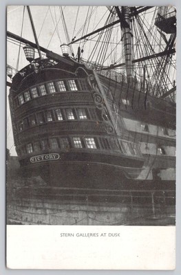 HMS Victory Stern Galleries at Dusk Postcard 1951 Posted on Ship Cancel ...