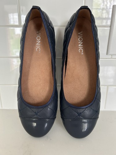 NWOB Vionic Desiree Navy Quilted Ballet Flat Supportive Dress Shoe Size ...