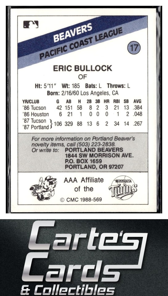 Eric Bullock 1988 CMC Portland Beavers #17 Minnesota Twins | eBay