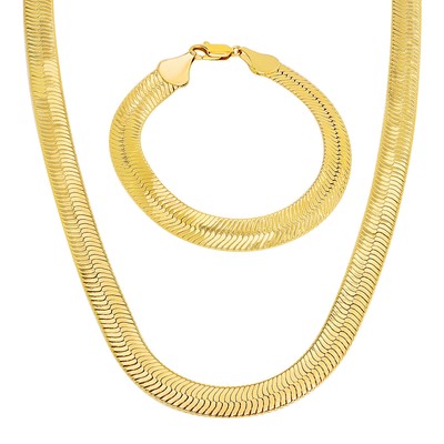 10.8mm 14k Gold Heavy Plated Herringbone Chain Necklace + Bracelet Set ...