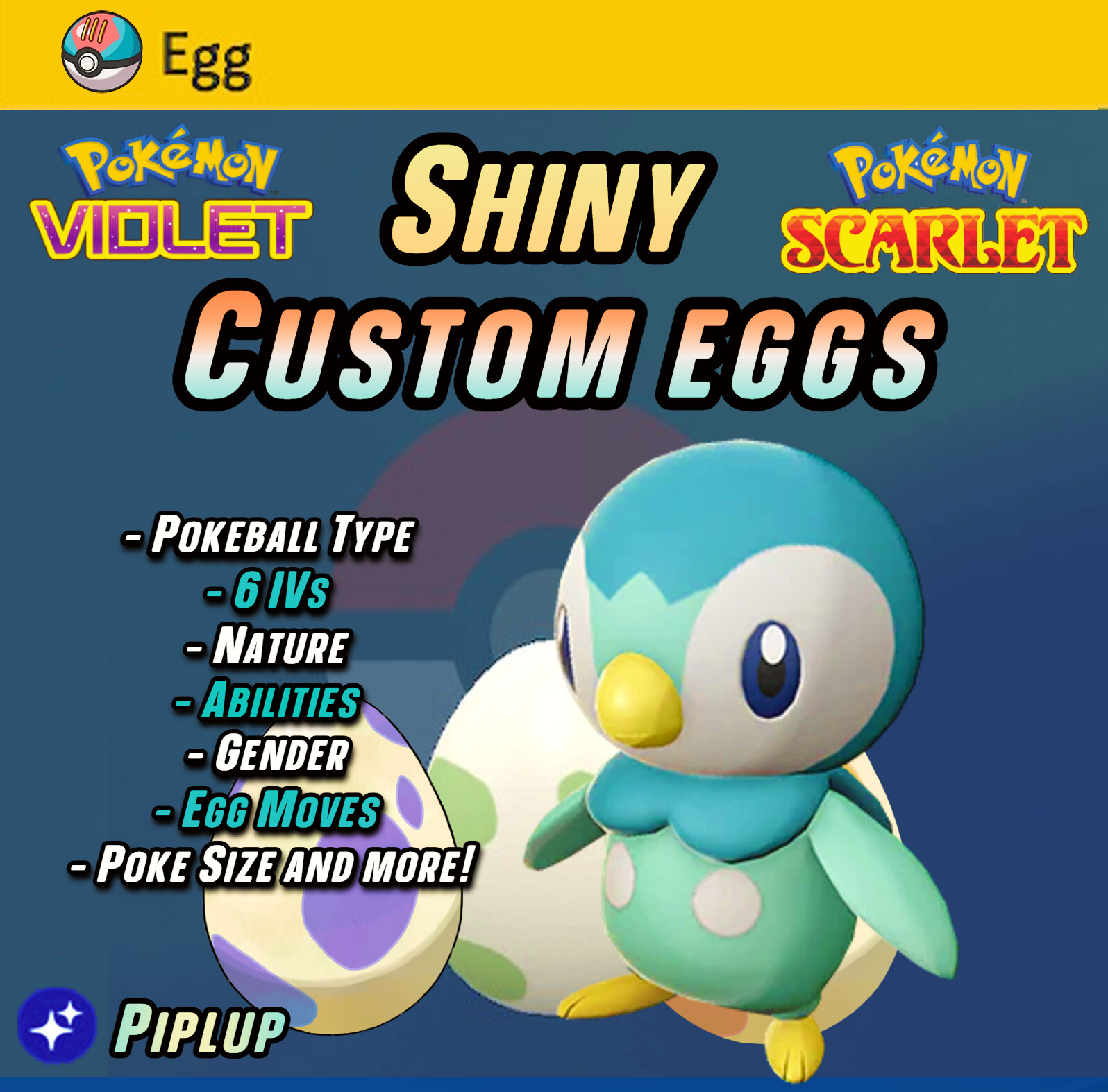 PIPLUP SHINY EGG 6IVs • The Teal Mask Pokemon Scarlet and Violet | eBay