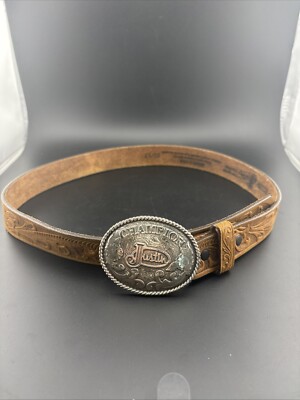 Justin Leather Belt Size 28 Brown Tooled Champion Buckle Western Rodeo ...