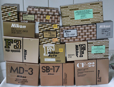 Lot of 15 Nikon Lens & Camera EMPTY BOXES ONLY F3 50mm SB17 MD3 DF12 ...