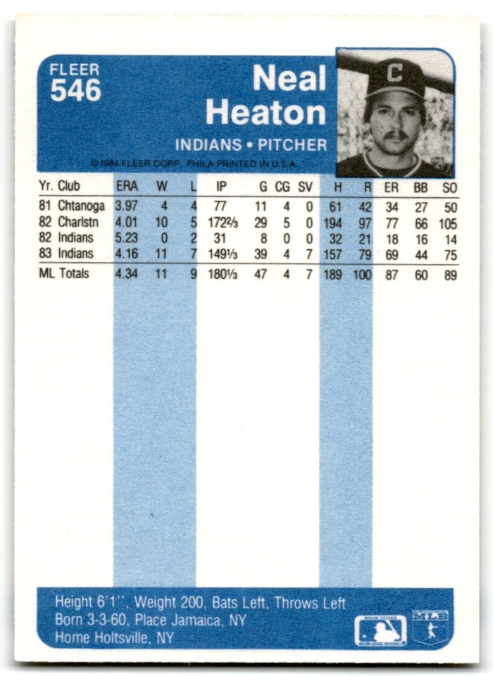 1984 Fleer Neal Heaton Rookie Cleveland Indians #546 | eBay