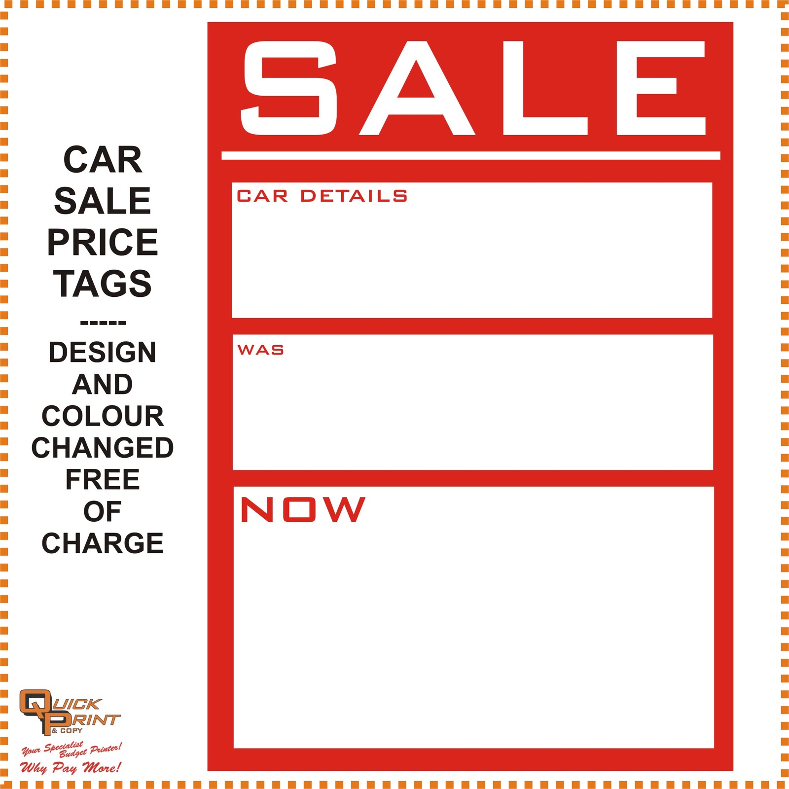 25 x A4 "WRITE ON" SALE CAR PRICE TAGS (not stickers) - WITH FREE ...